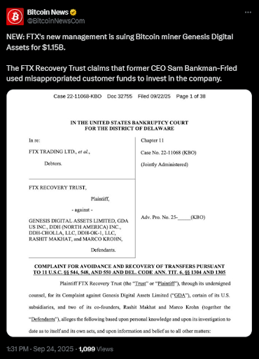 FTX Recovery Trust Sues Genesis Digital for $1.15 Billion | Live ...